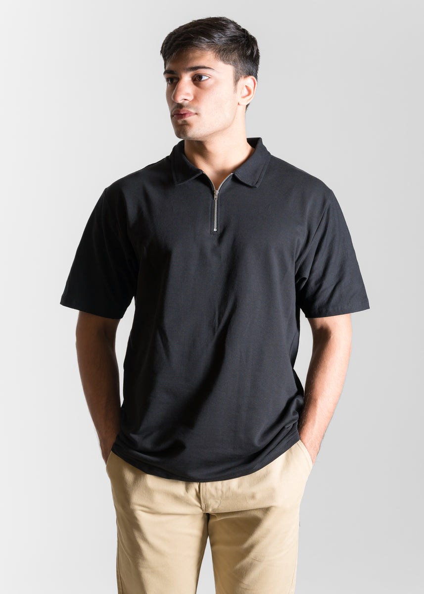 Heavy Relaxed Half Zip Polo — Black – Desi Minimals