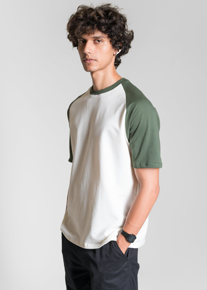 Heavy Relaxed Raglan T-shirt — Green & White – Desi Minimals